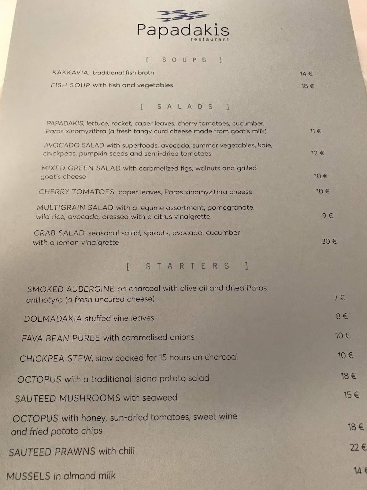 Menu at Papadakis, Athens