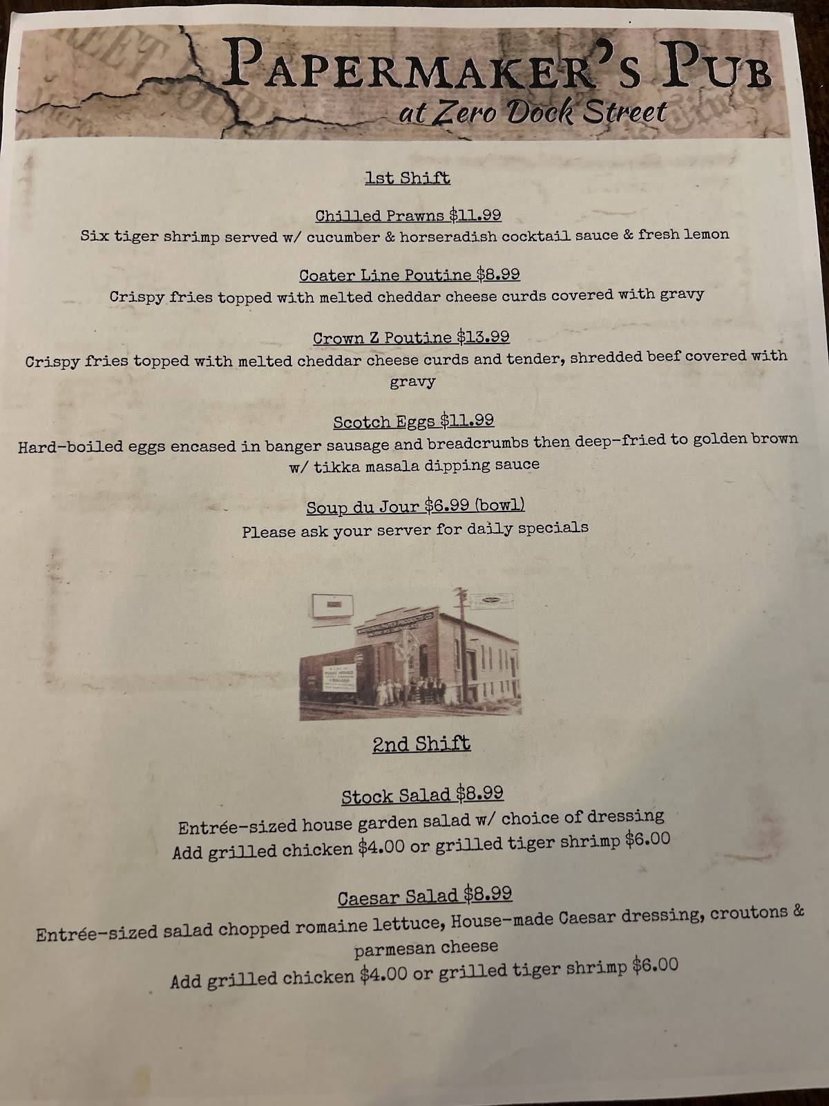 Menu at Papermaker's Pub at Zero Dock Street, Carthage