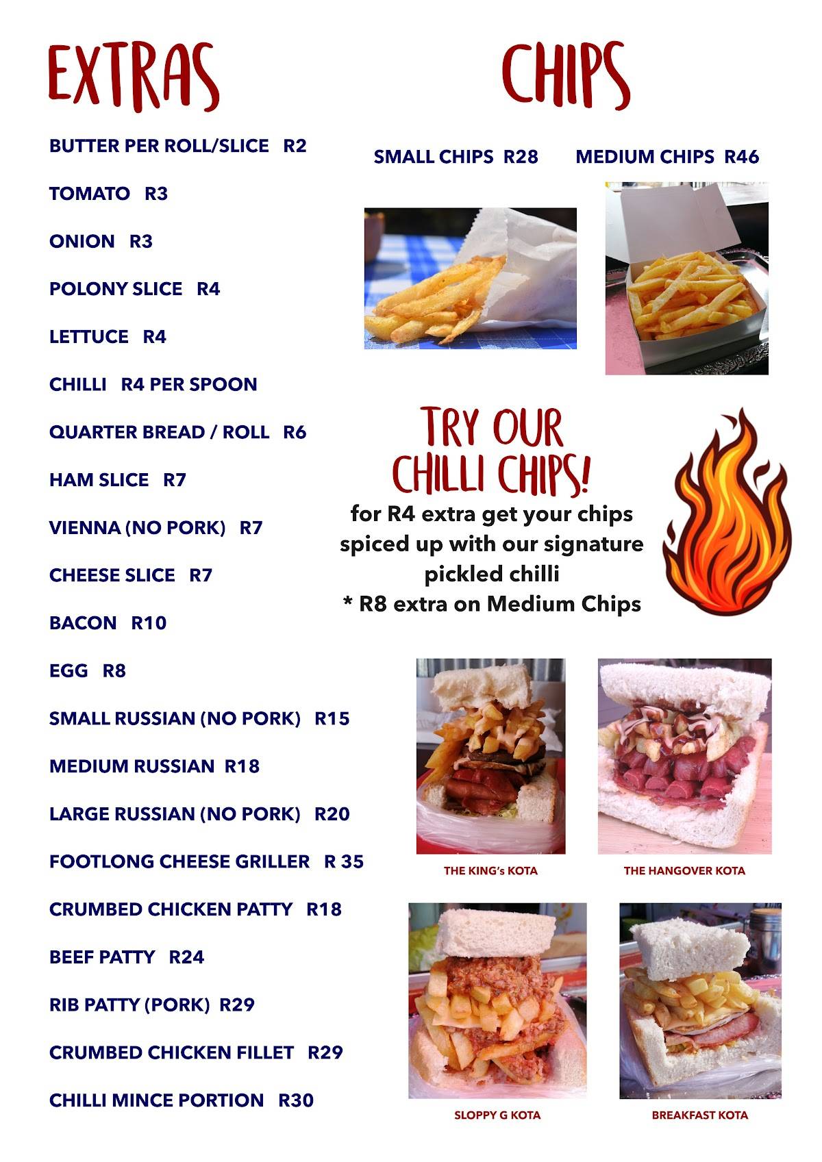 Menu at Pappa G's Kota Kings restaurant, Pretoria