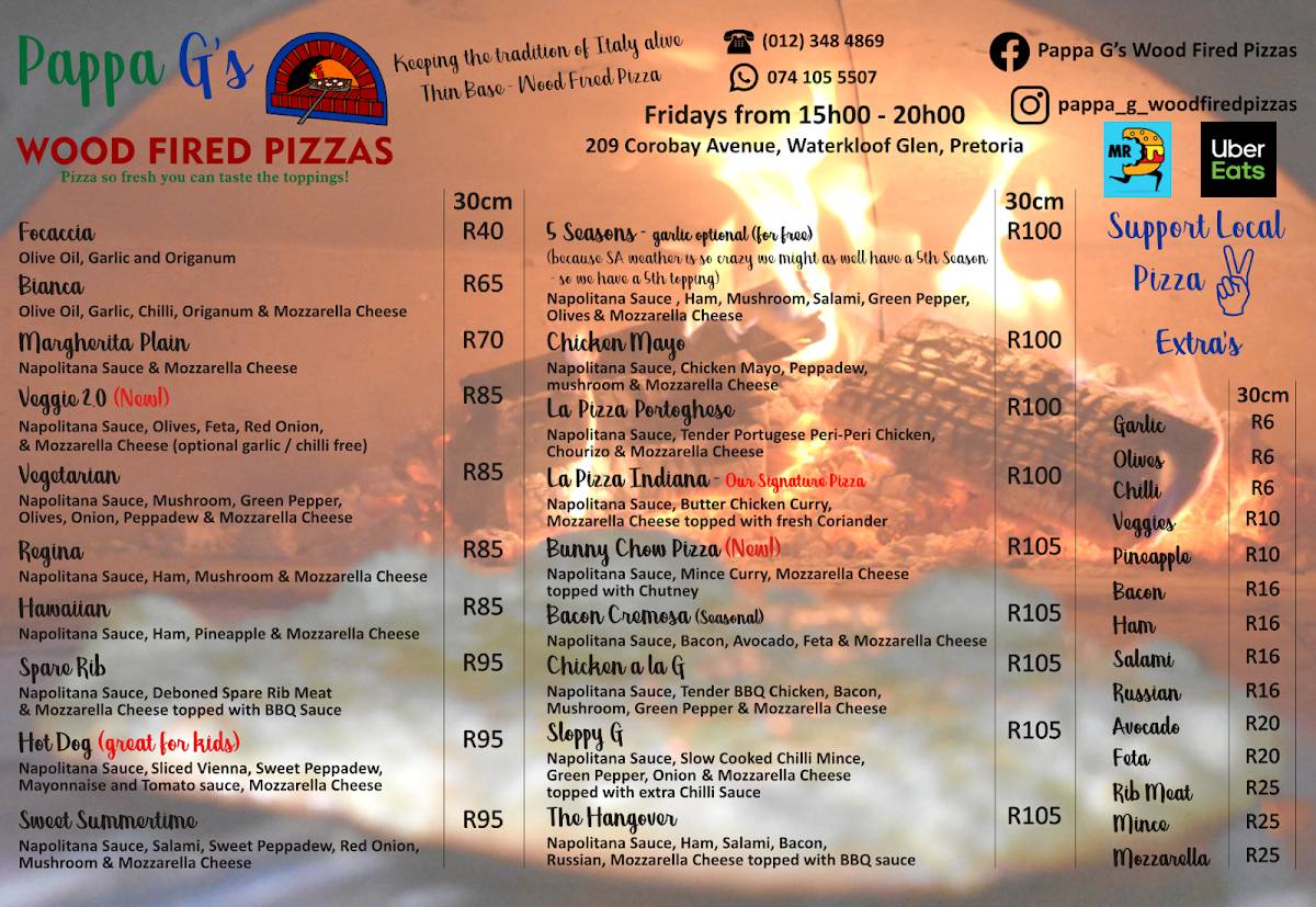 Menu at Pappa G's Kota Kings restaurant, Pretoria