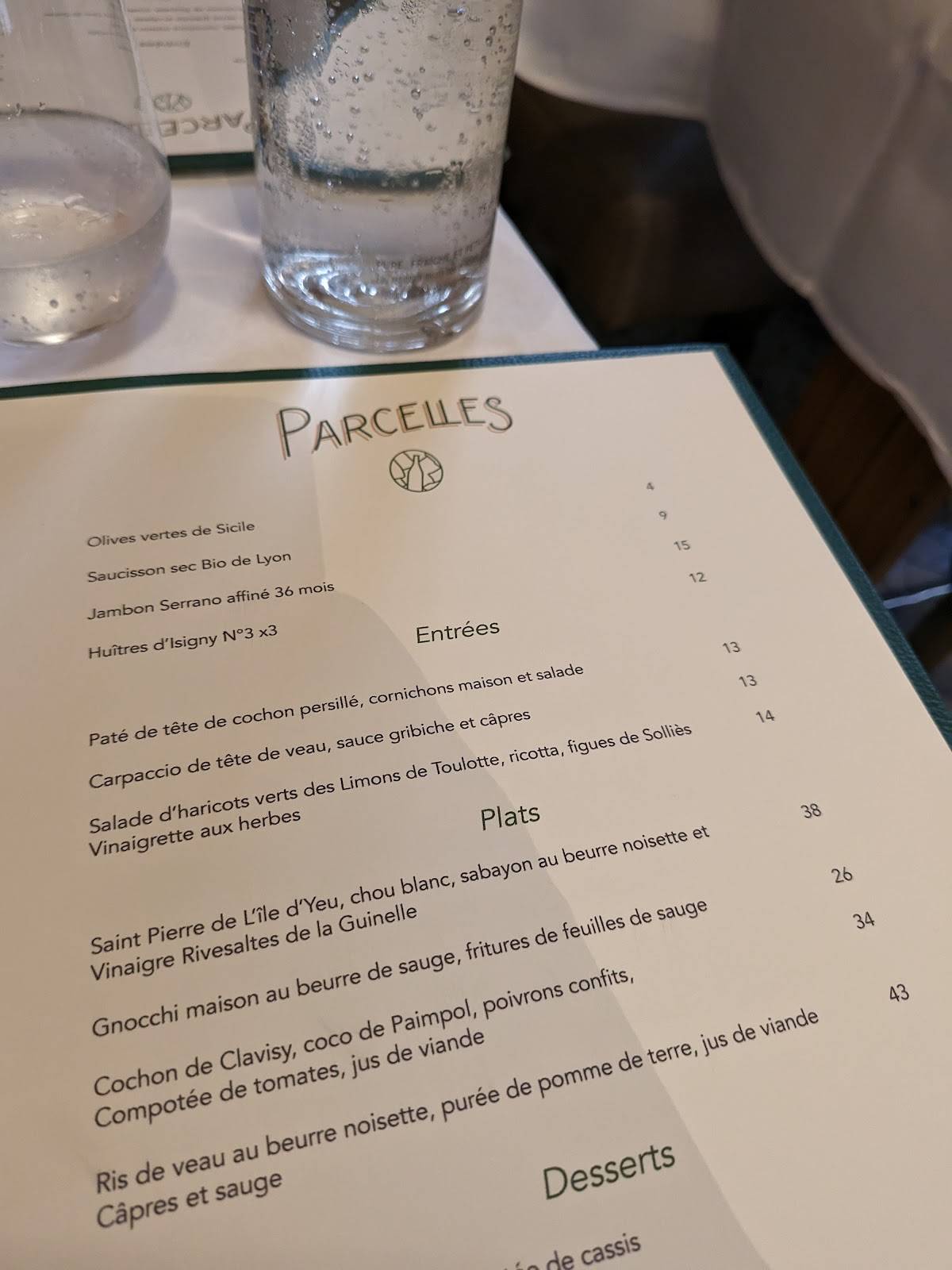 Menu at Parcelles restaurant, Paris