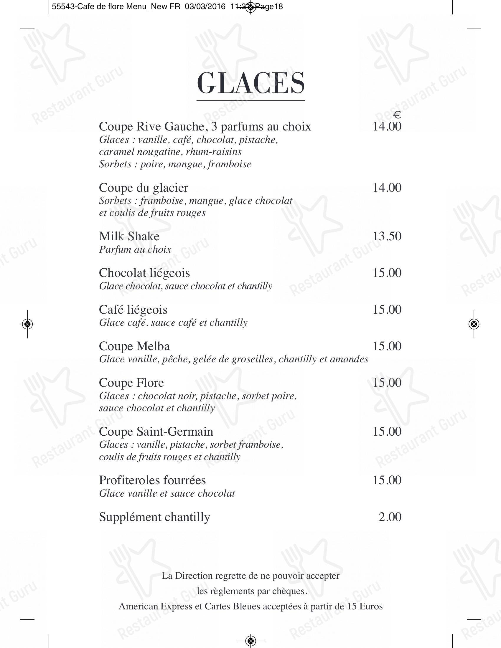Menu at Café de Flore, Paris, 172 Bd Saint-Germain