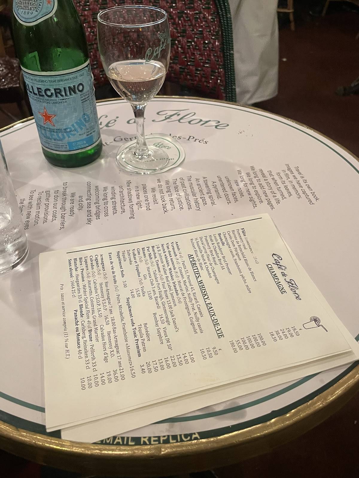 Menu at Café de Flore, Paris, 172 Bd Saint-Germain