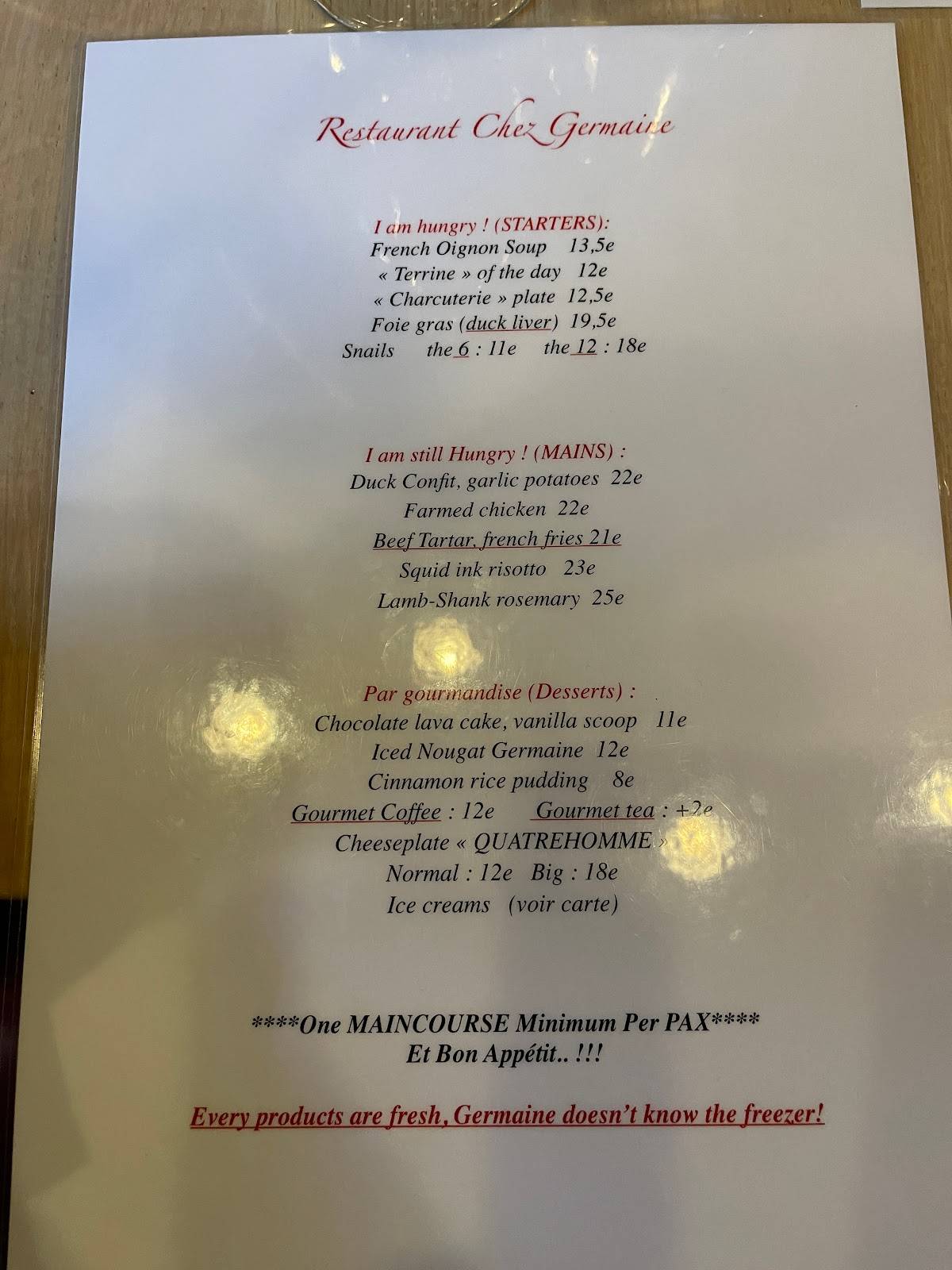 Menu au Chez Germaine restaurant, Paris