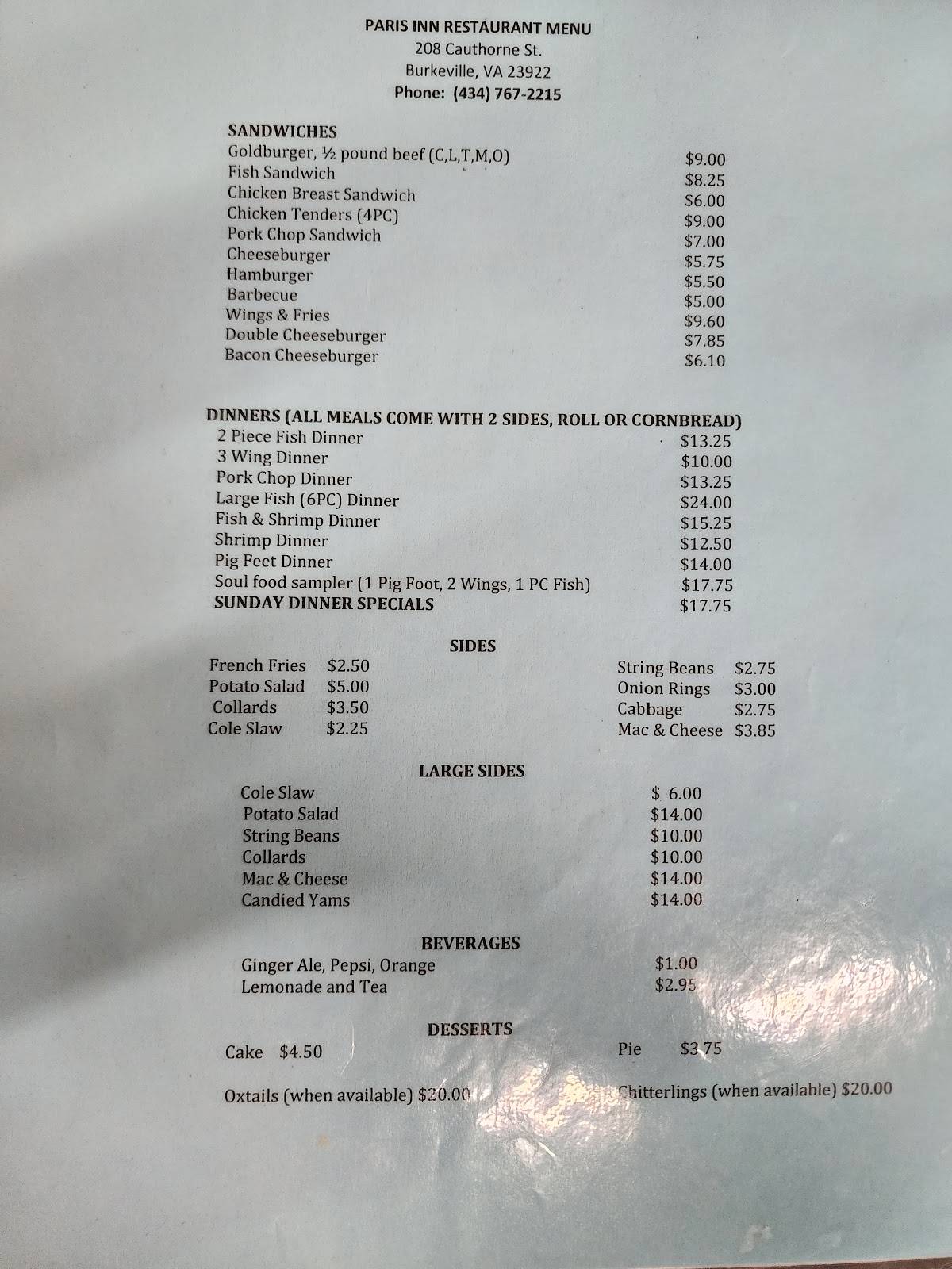 Menu at Paris Inn Restaurant, Burkeville