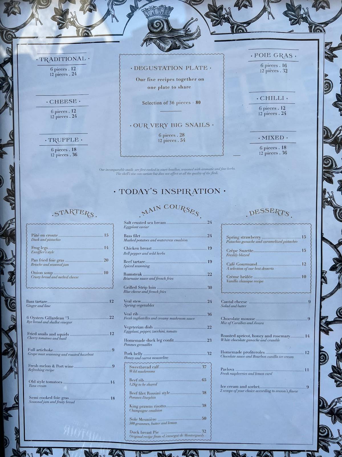 Menu at L'Escargot restaurant, Paris, 38 Rue Montorgueil