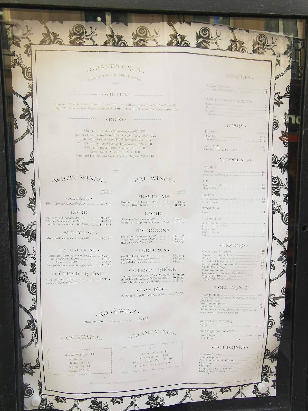 Menu at L'Escargot restaurant, Paris, 38 Rue Montorgueil