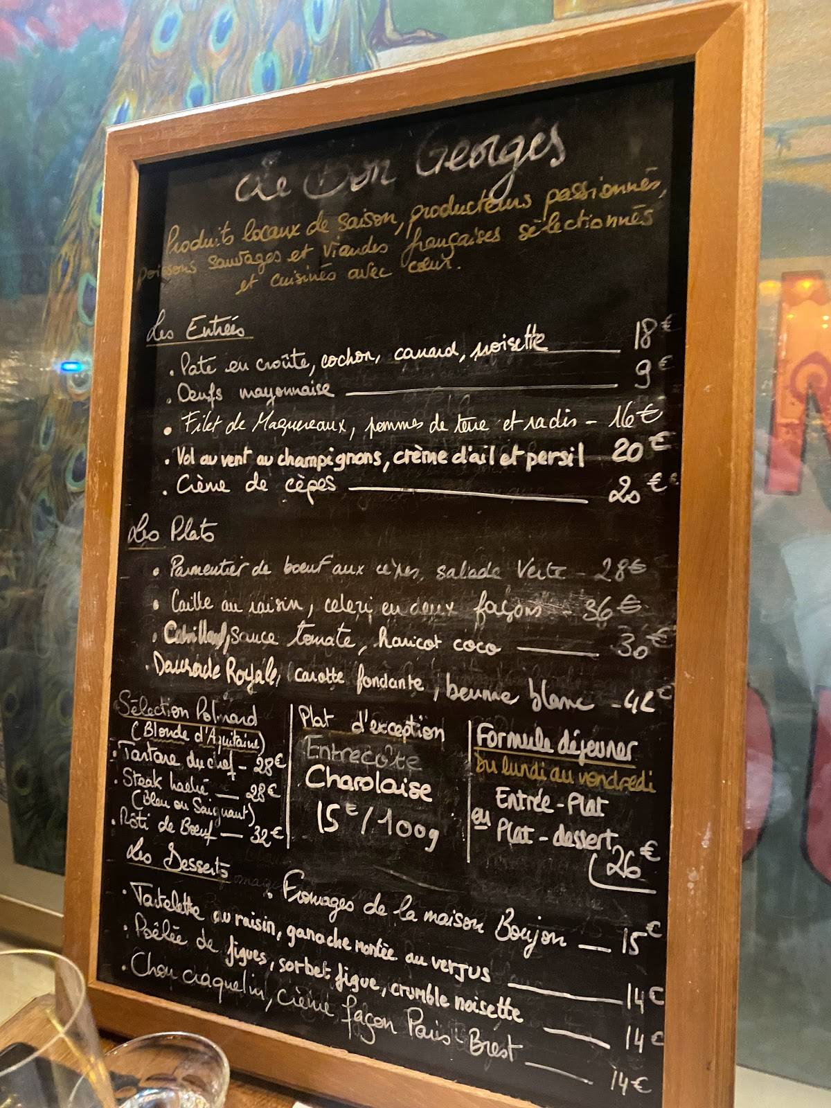 Menu at Le Bon Georges restaurant, Paris, 45 Rue Saint-Georges