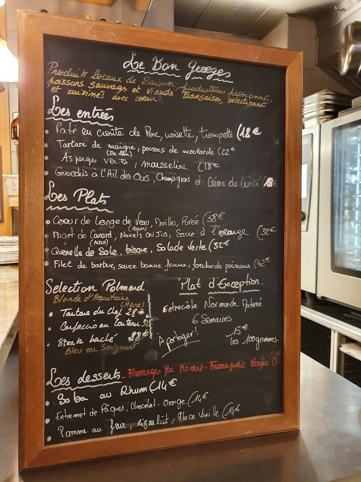 Menu at Le Bon Georges restaurant, Paris, 45 Rue Saint-Georges