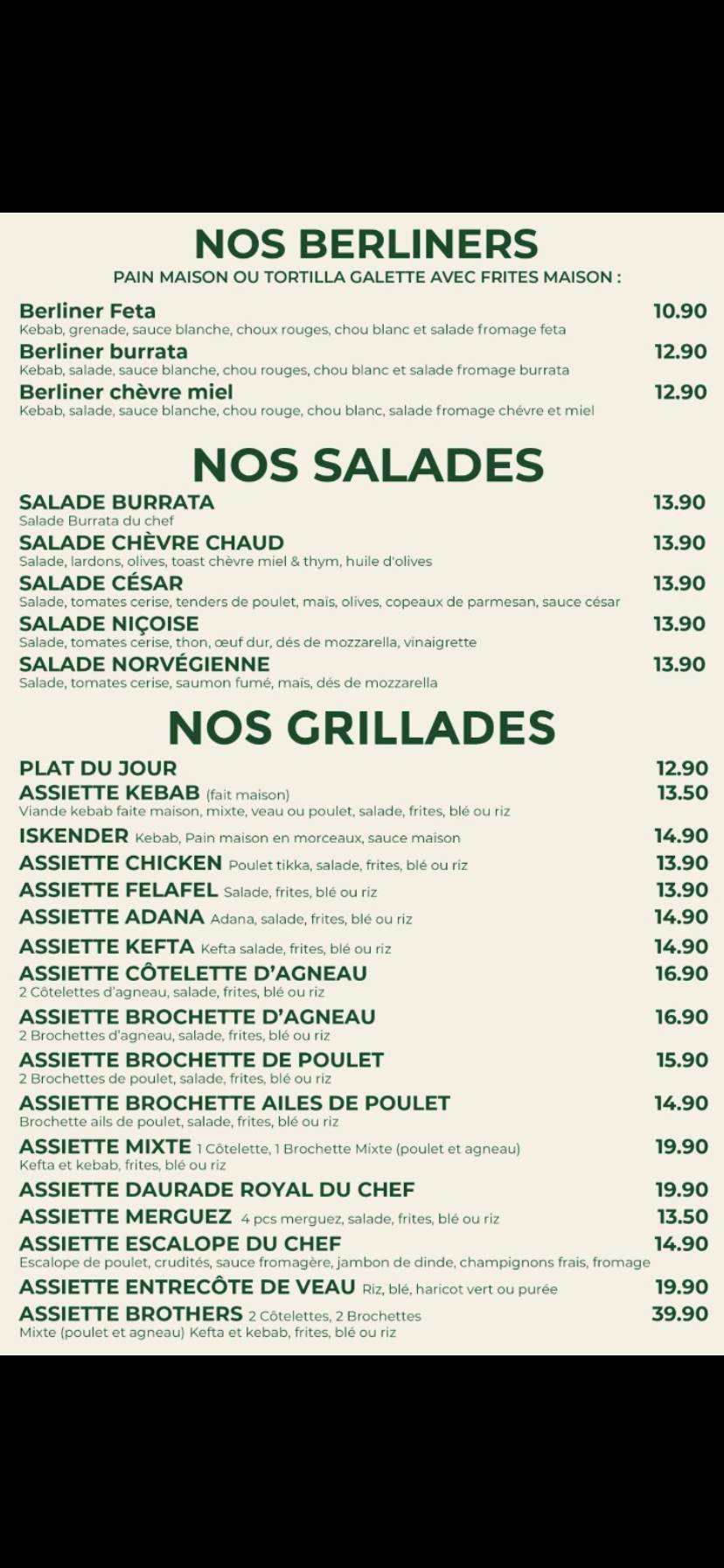 Menu at Los Brothers fast food, Paris