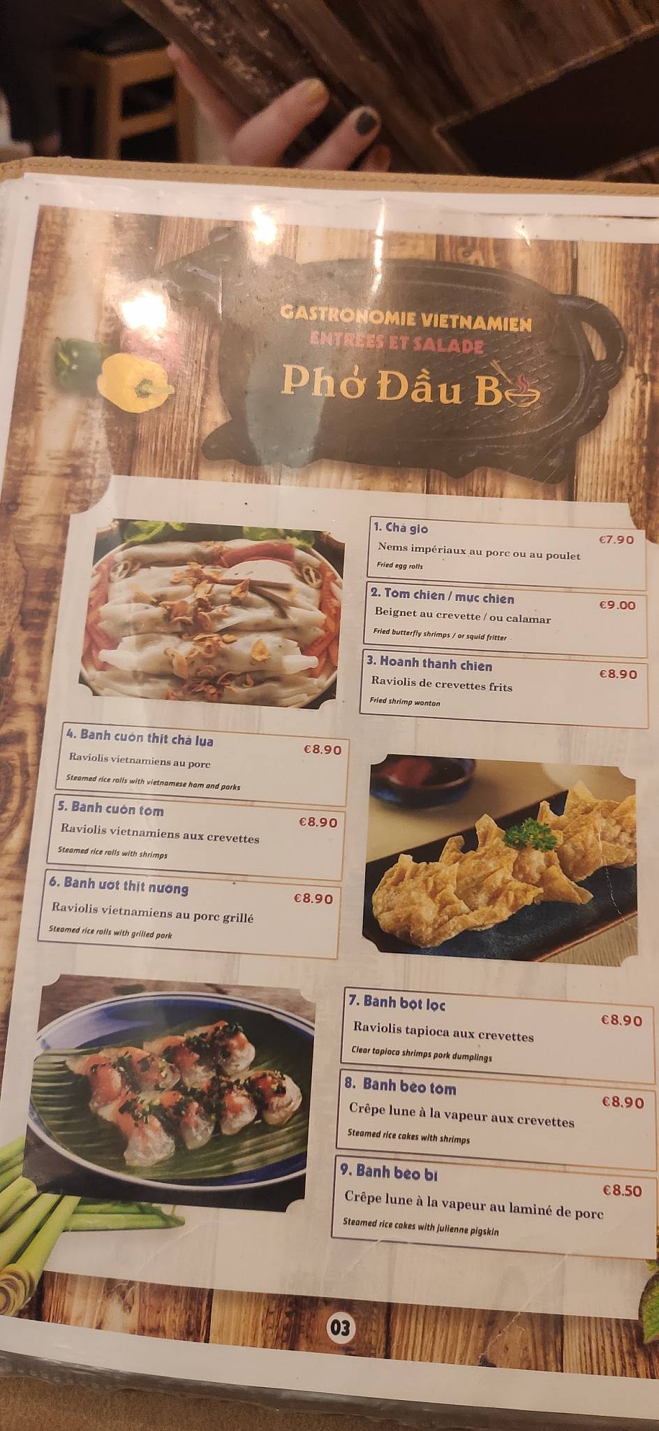 Menu au PHO DAU BO restaurant, Paris