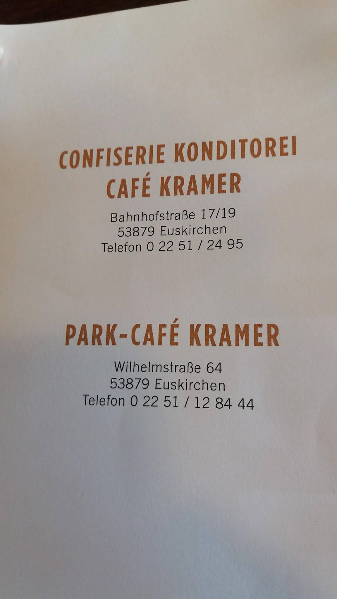 Speisekarte von Park-Cafe Kramer, Euskirchen