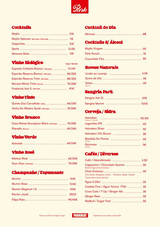 Menu at Park Rooftop pub & bar, Lisbon, Calçada do Combro 58