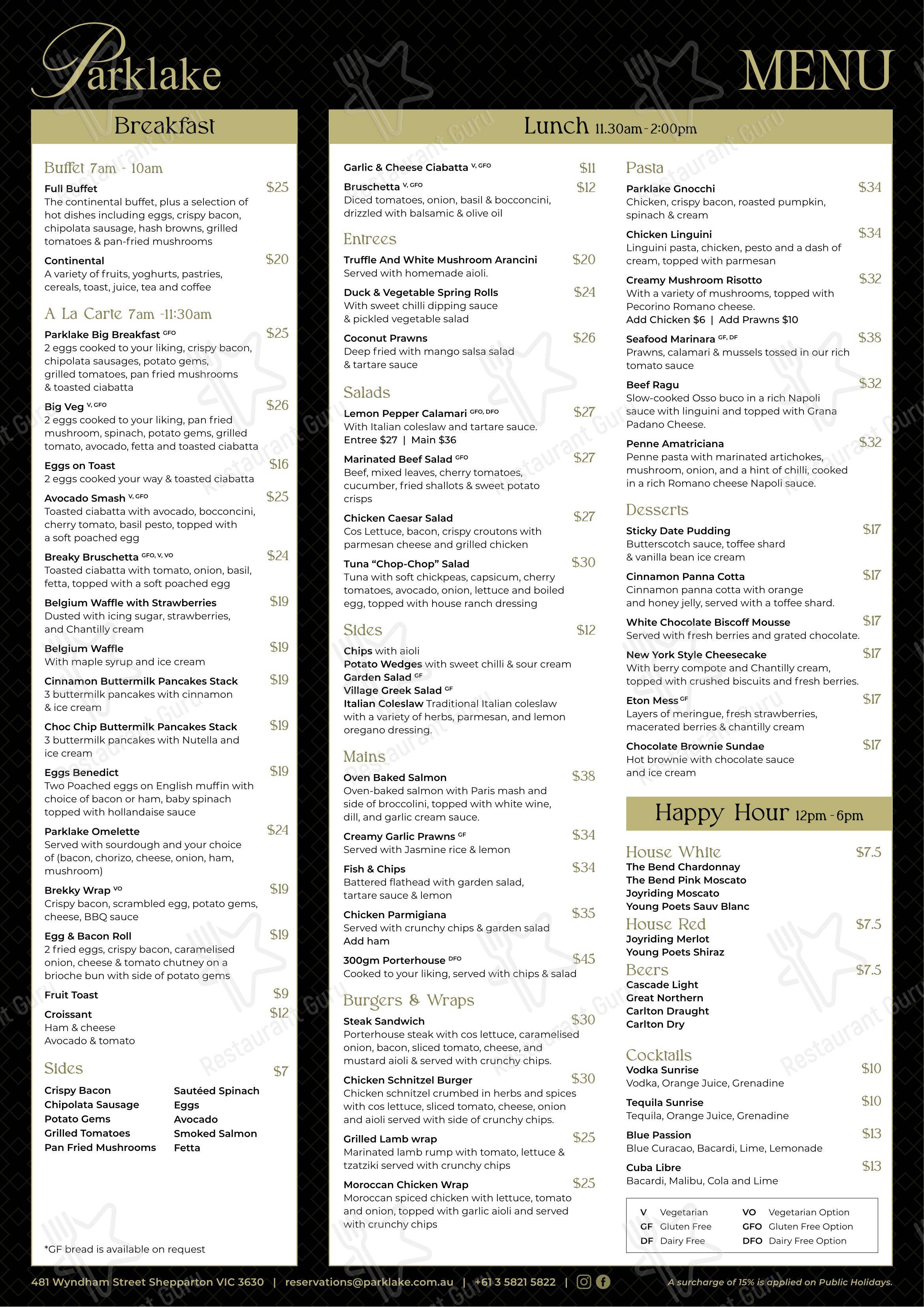 Menu at Parklake Restaurant, Shepparton