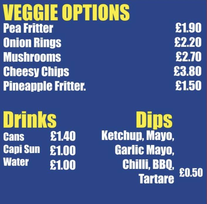Menu at Parky's Chippy restaurant, Bristol