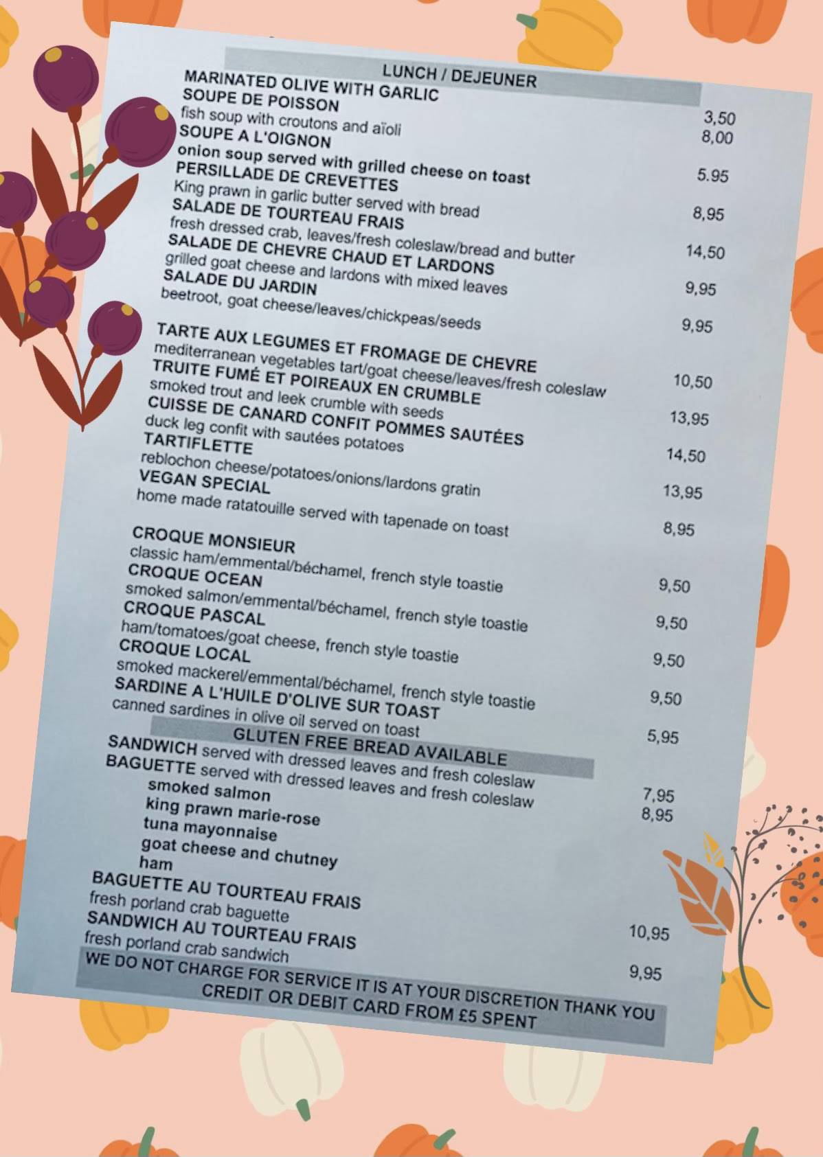 Menu at Pascal's Brasserie restaurant, Weymouth, Hope Square