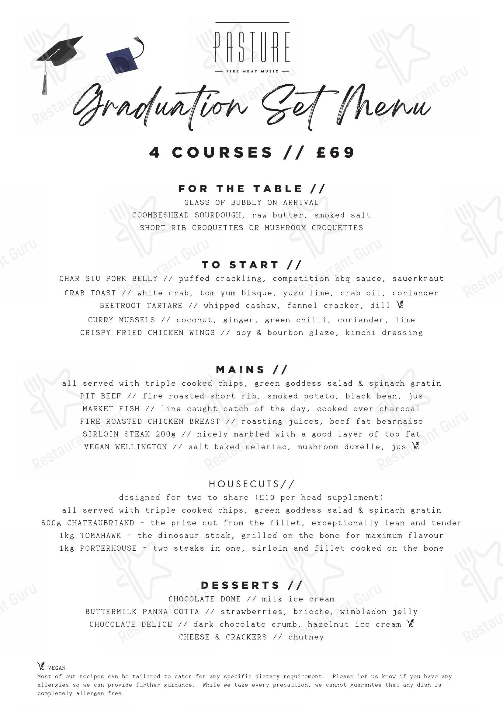 Menu at Pasture Birmingham restaurant, Birmingham