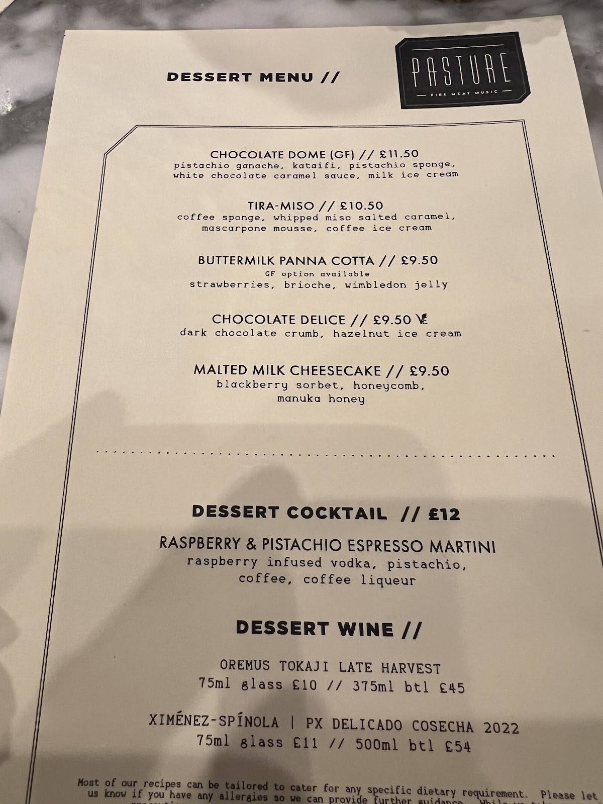 Menu at Pasture Birmingham restaurant, Birmingham