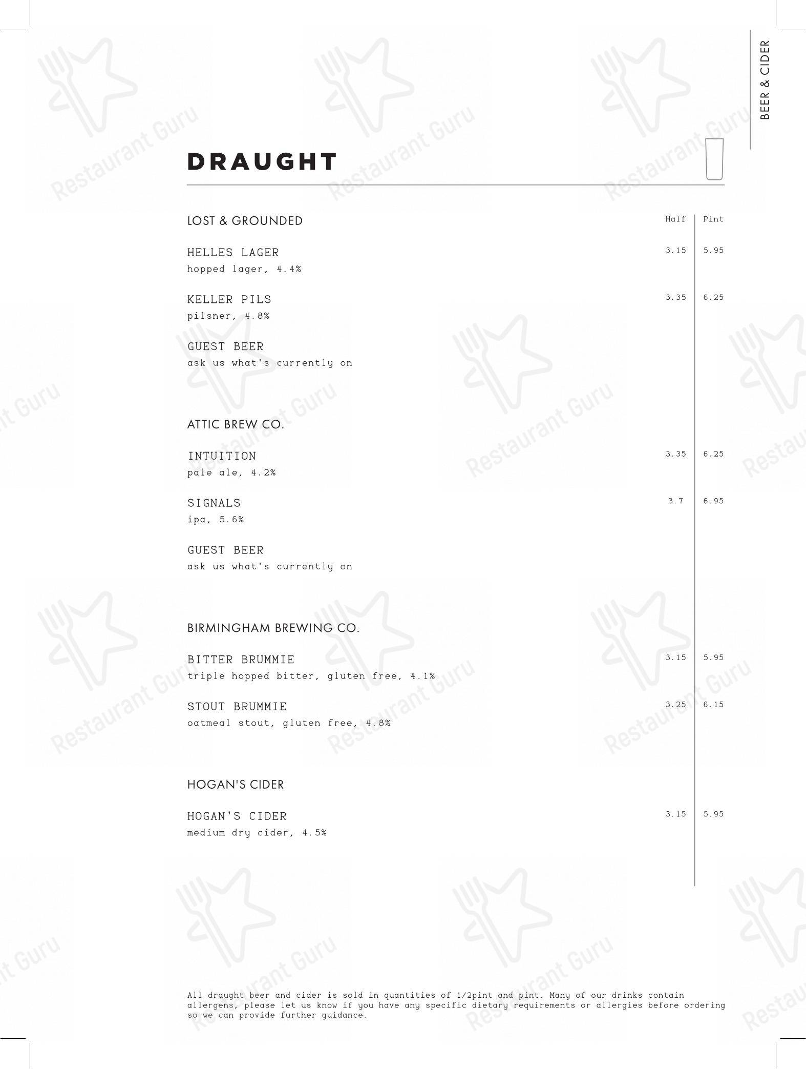 Menu at Pasture Birmingham restaurant, Birmingham