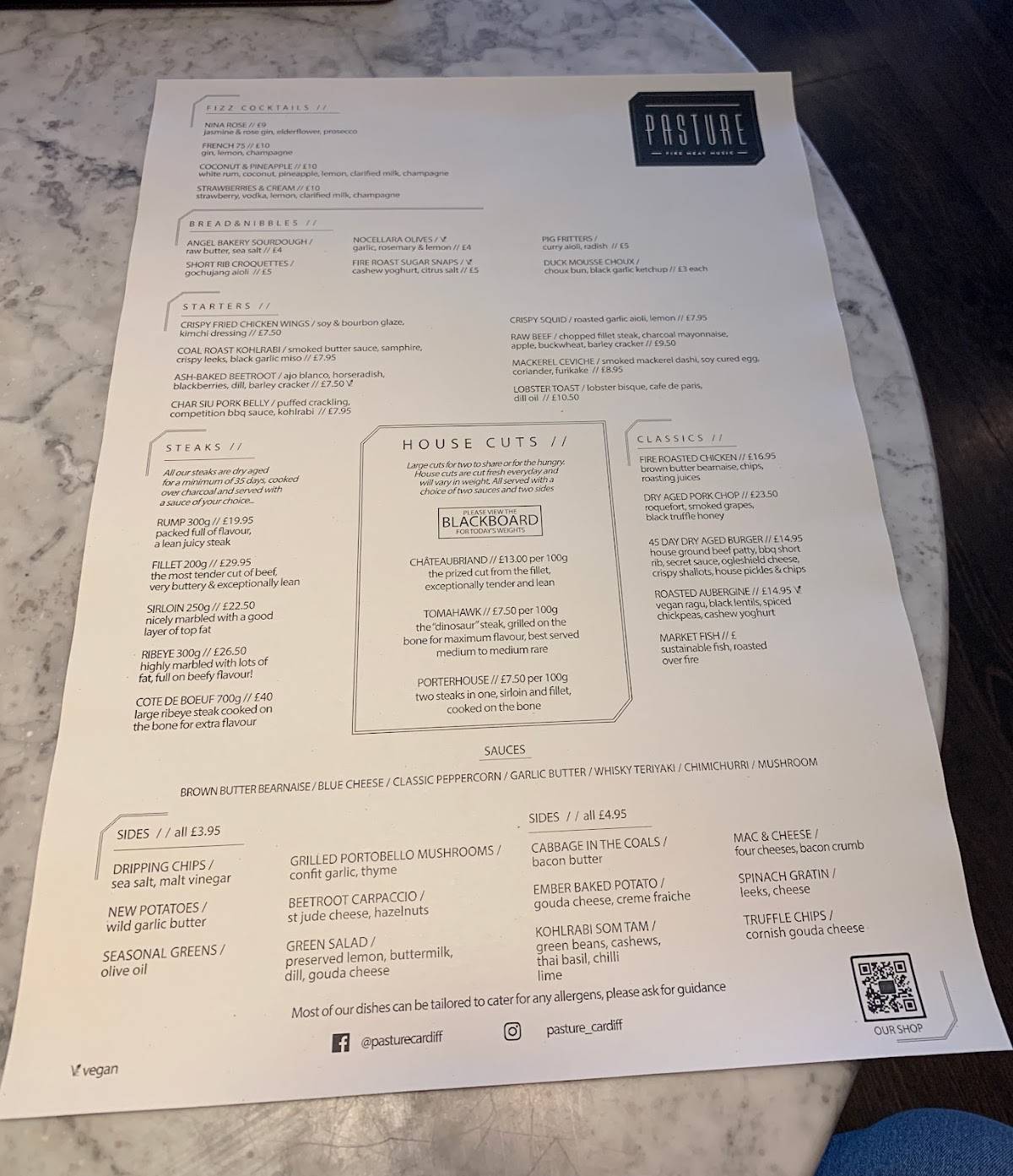 Menu at Pasture Restaurant Cardiff, Cardiff