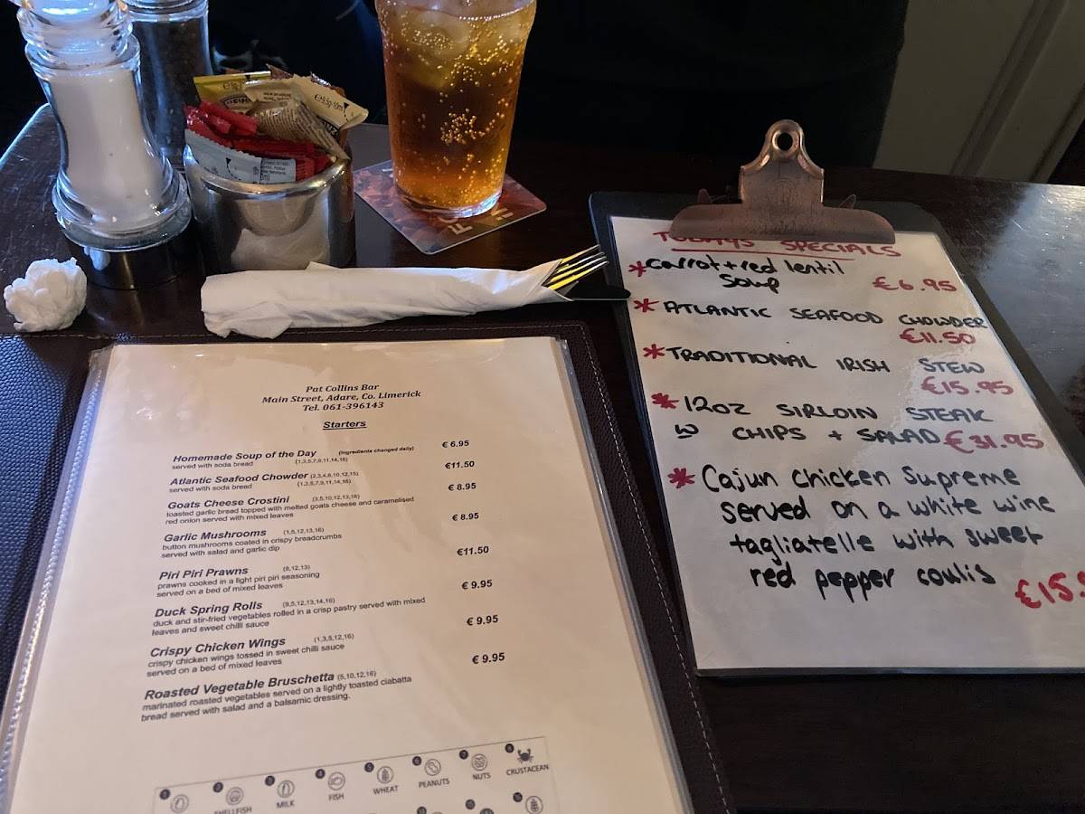 Menu at Pat Collins Bar, Adare