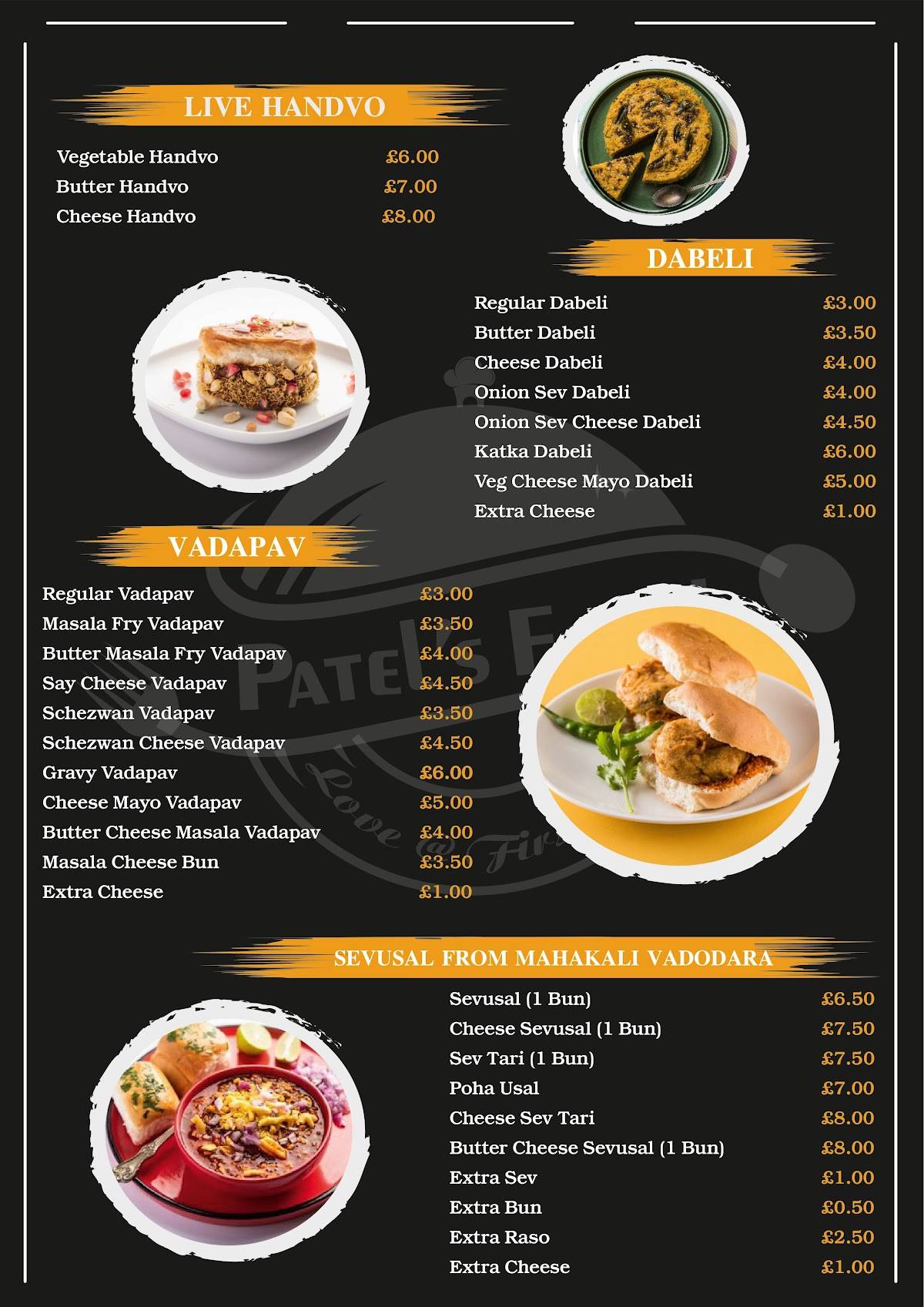Menu at Patel’s Food and Chaat restaurant, Wembley