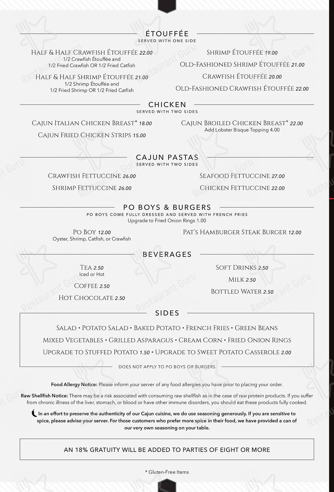 Menu at Pat's of Henderson steakhouse, Lake Charles