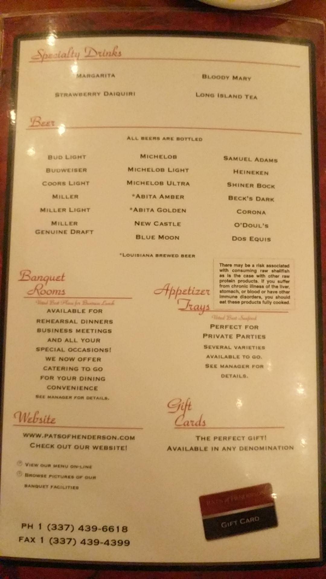 Menu at Pat's of Henderson steakhouse, Lake Charles