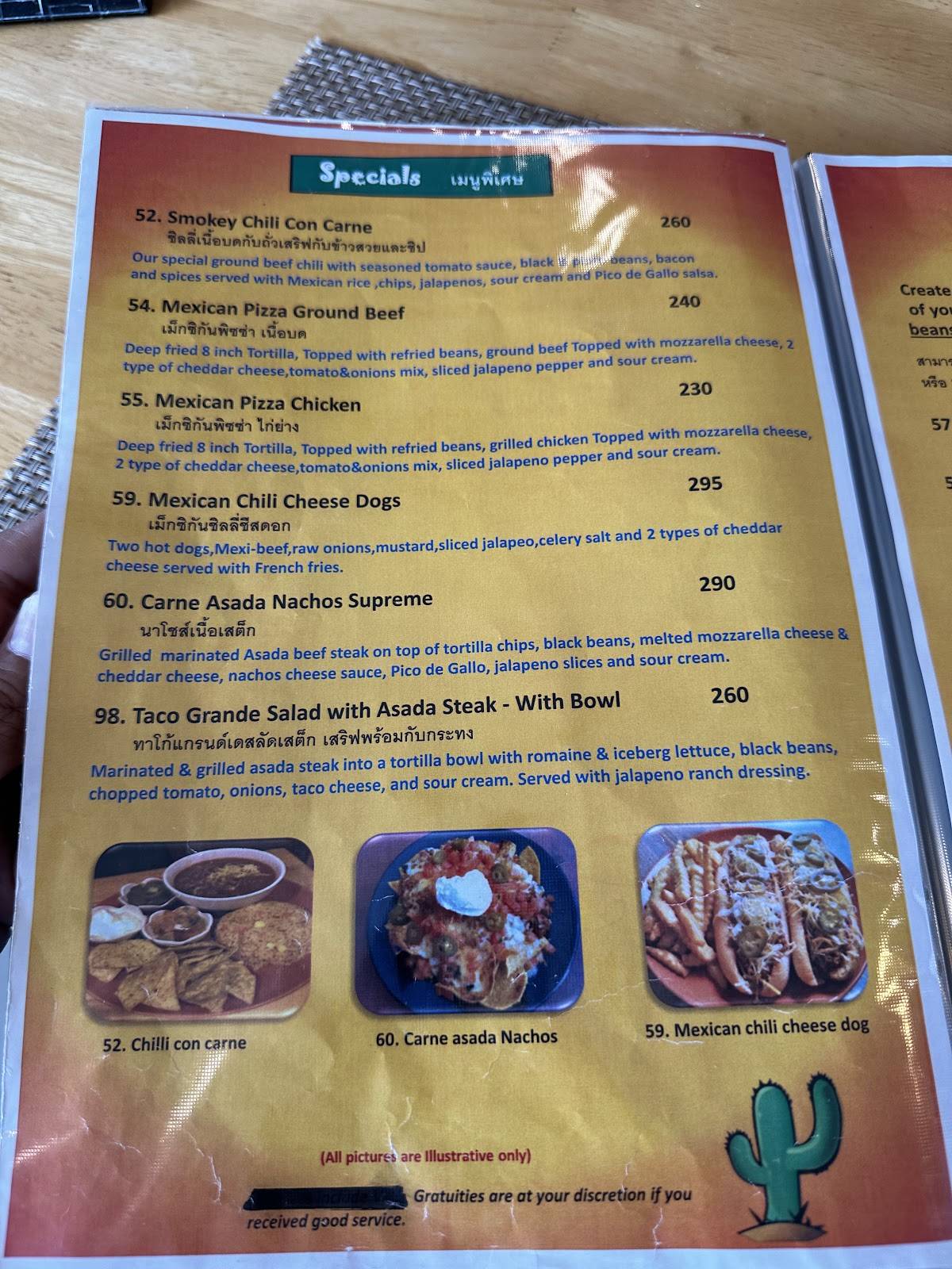 Menu at Taco House restaurant, Pattaya City