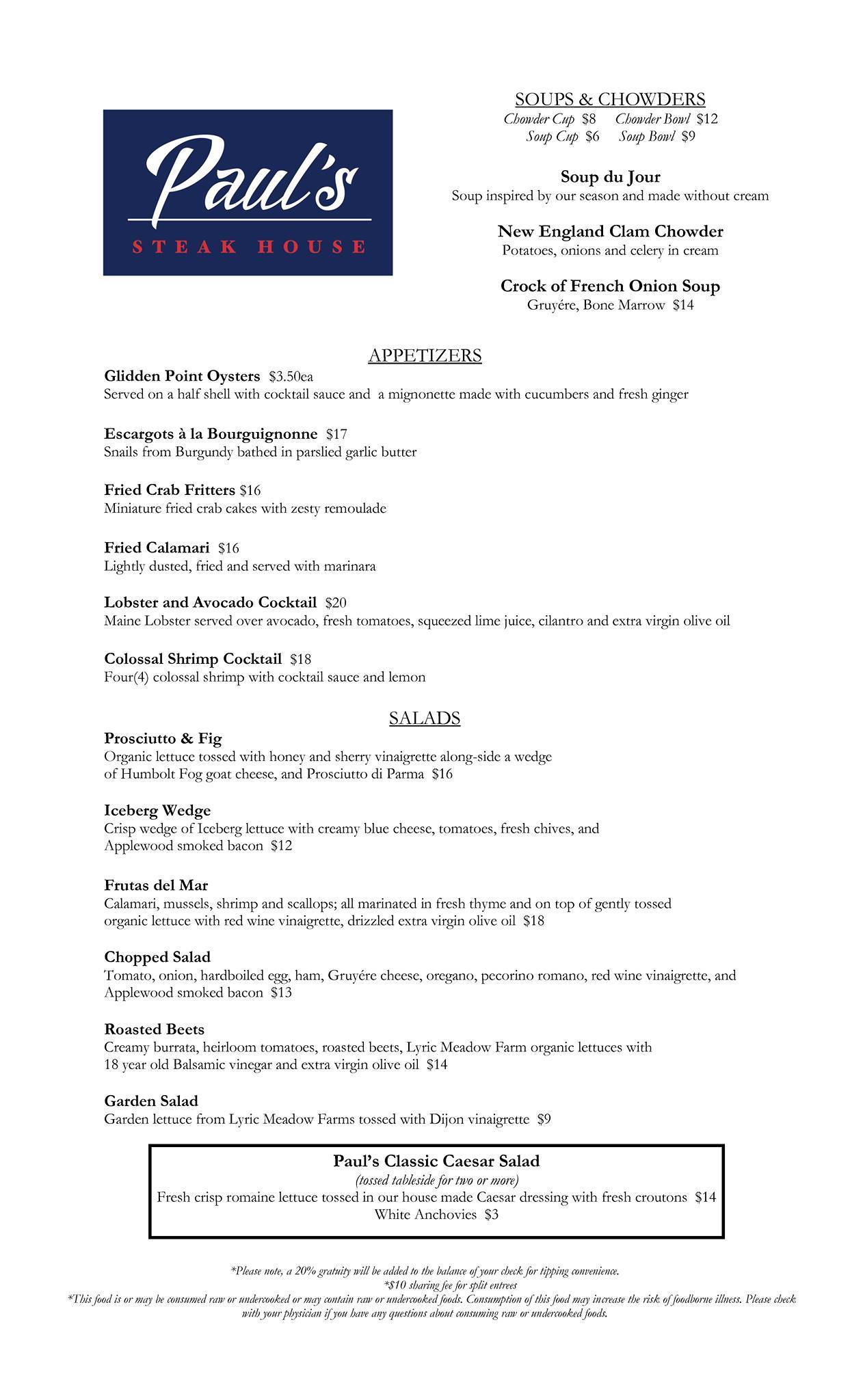 Carta del pub y bar Paul's Bistro, Boothbay, 50 Sugar Maple Lane