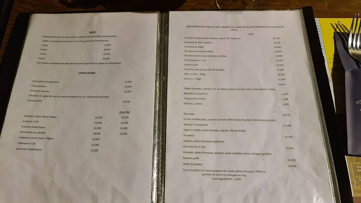 Menu au Pégase (Le) restaurant à viande, Ath