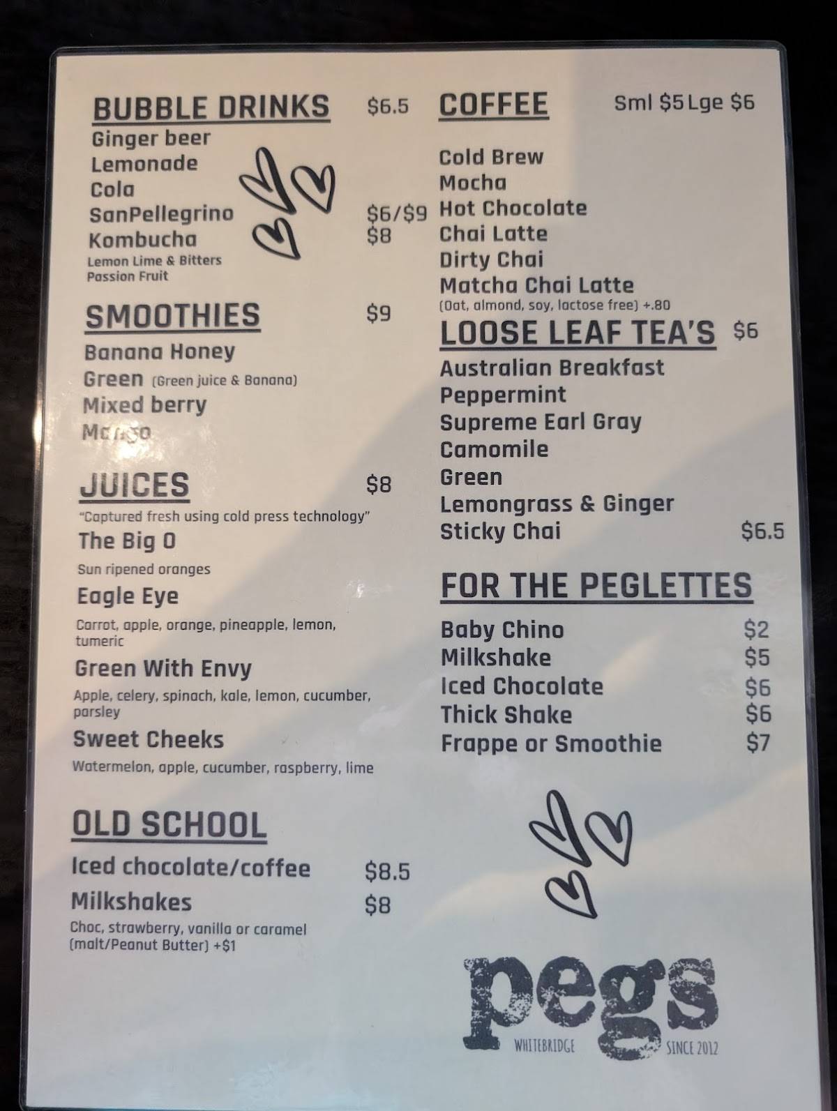 Menu at Pegs restaurant, Whitebridge