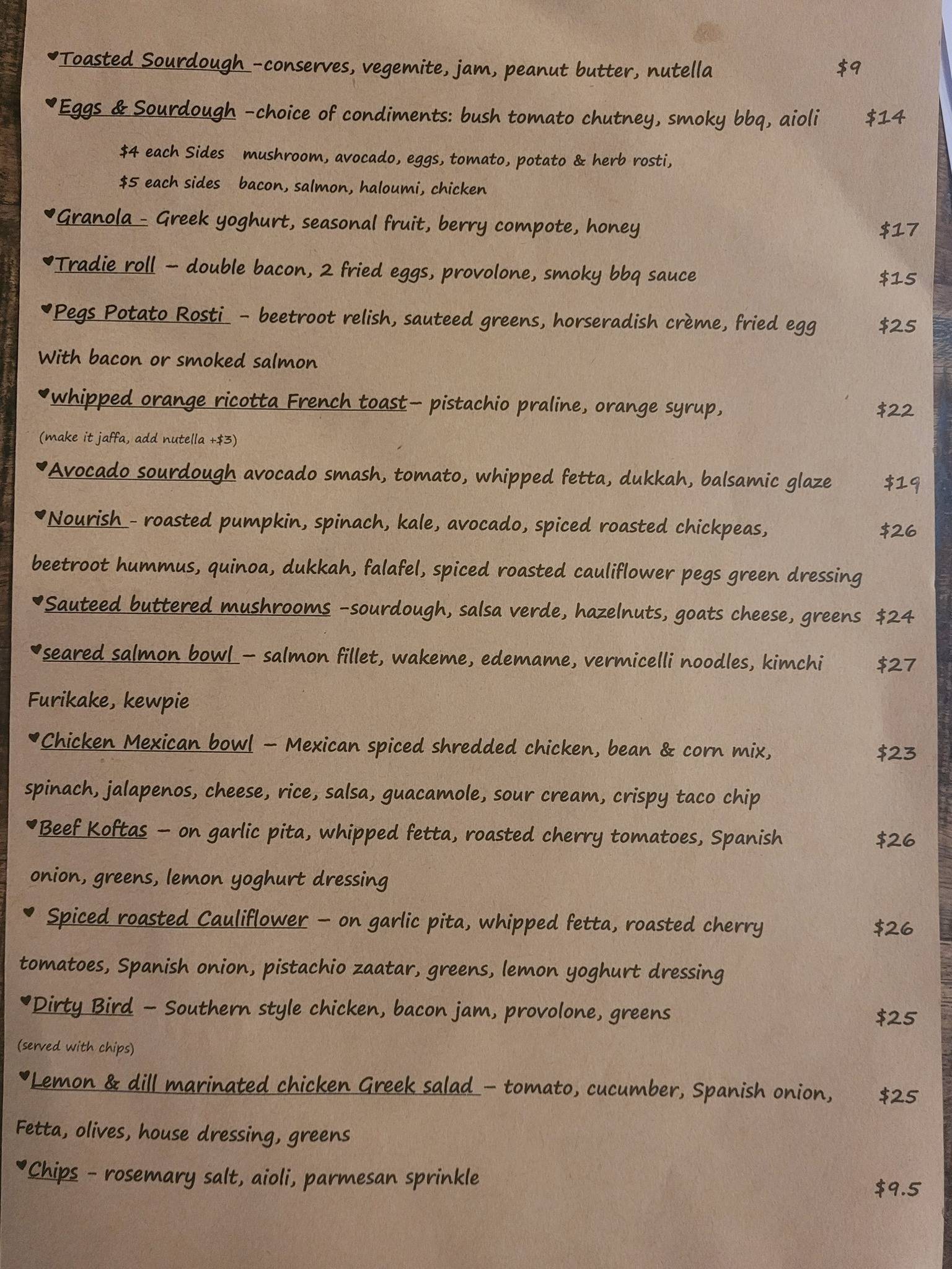 Menu at Pegs restaurant, Whitebridge