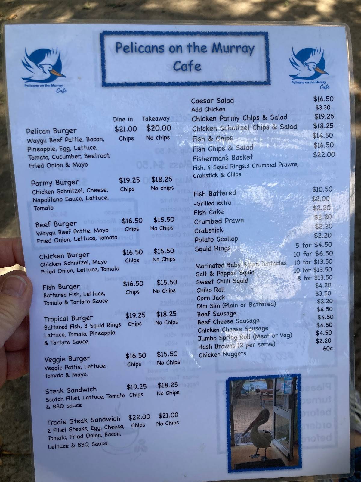 Menu at Pelicans on the Murray Cafe, South Yunderup