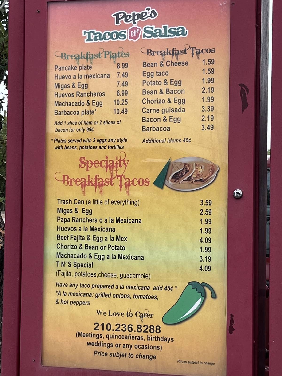 Menu at Pepe's Tacos N Salsa restaurant, San Antonio, Jones Maltsberger Rd