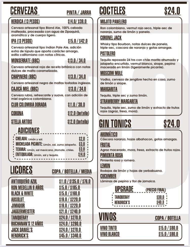 Menu at Perdido Bar Vecino, Bogotá