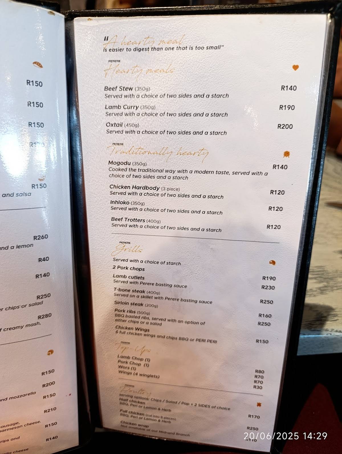 Menu at Perere Polokwane restaurant, Polokwane