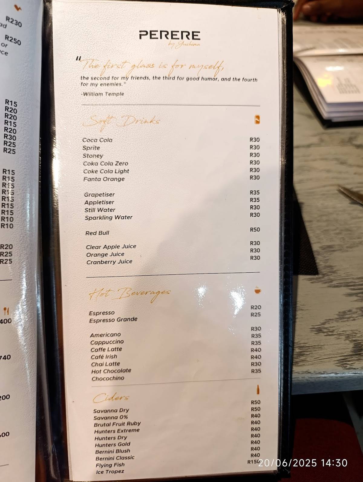 Menu at Perere Polokwane restaurant, Polokwane