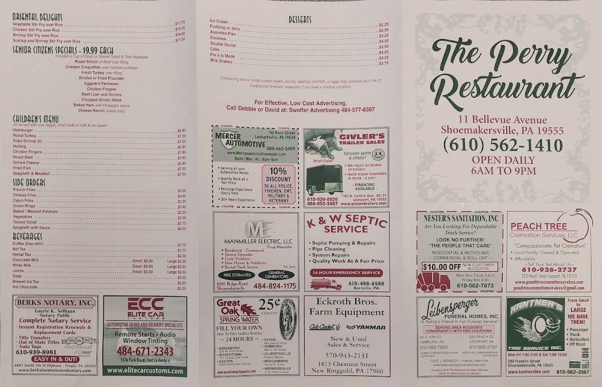 Menu at Perry Restaurant, Shoemakersville