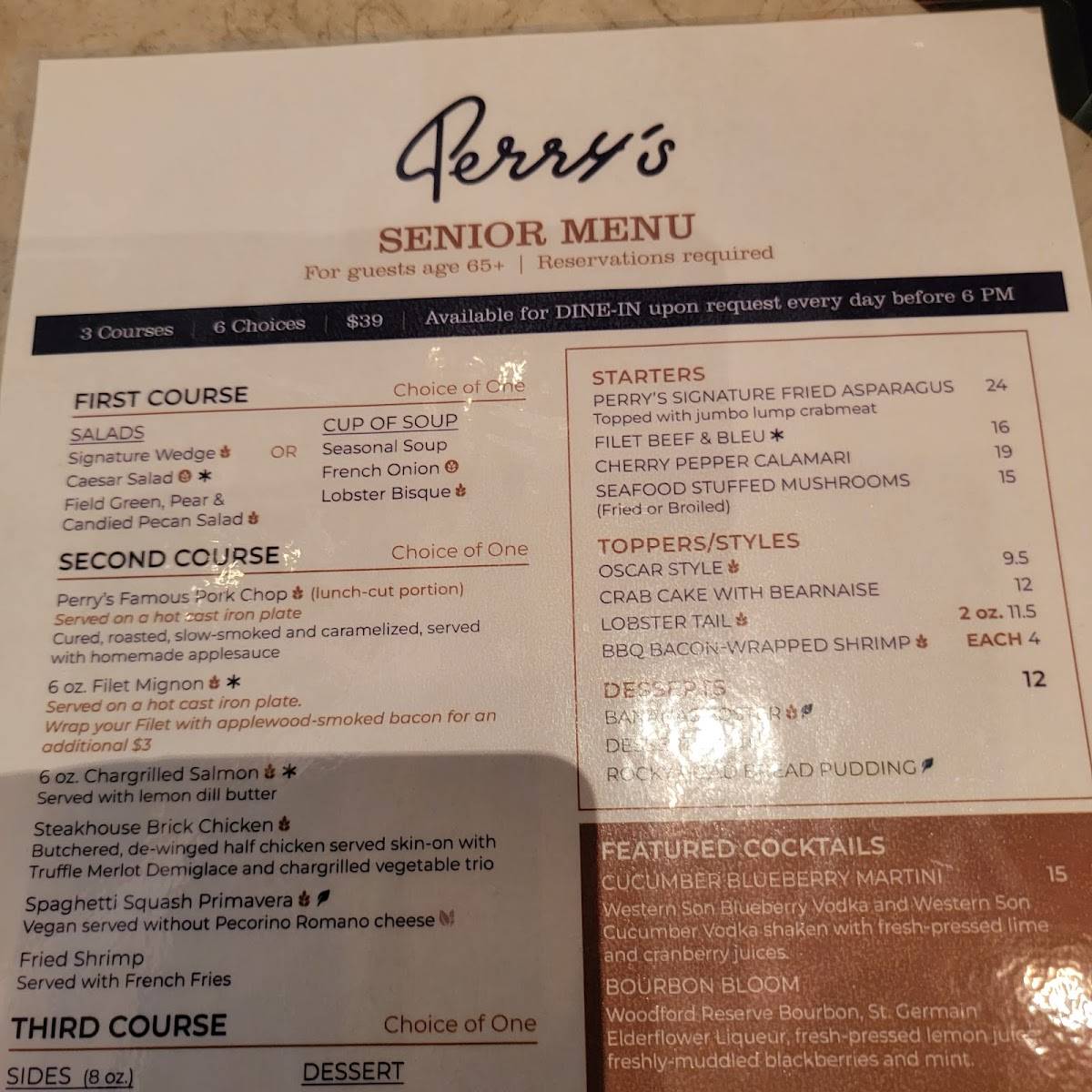 Menu at Perry's Steakhouse & Grille, Grapevine