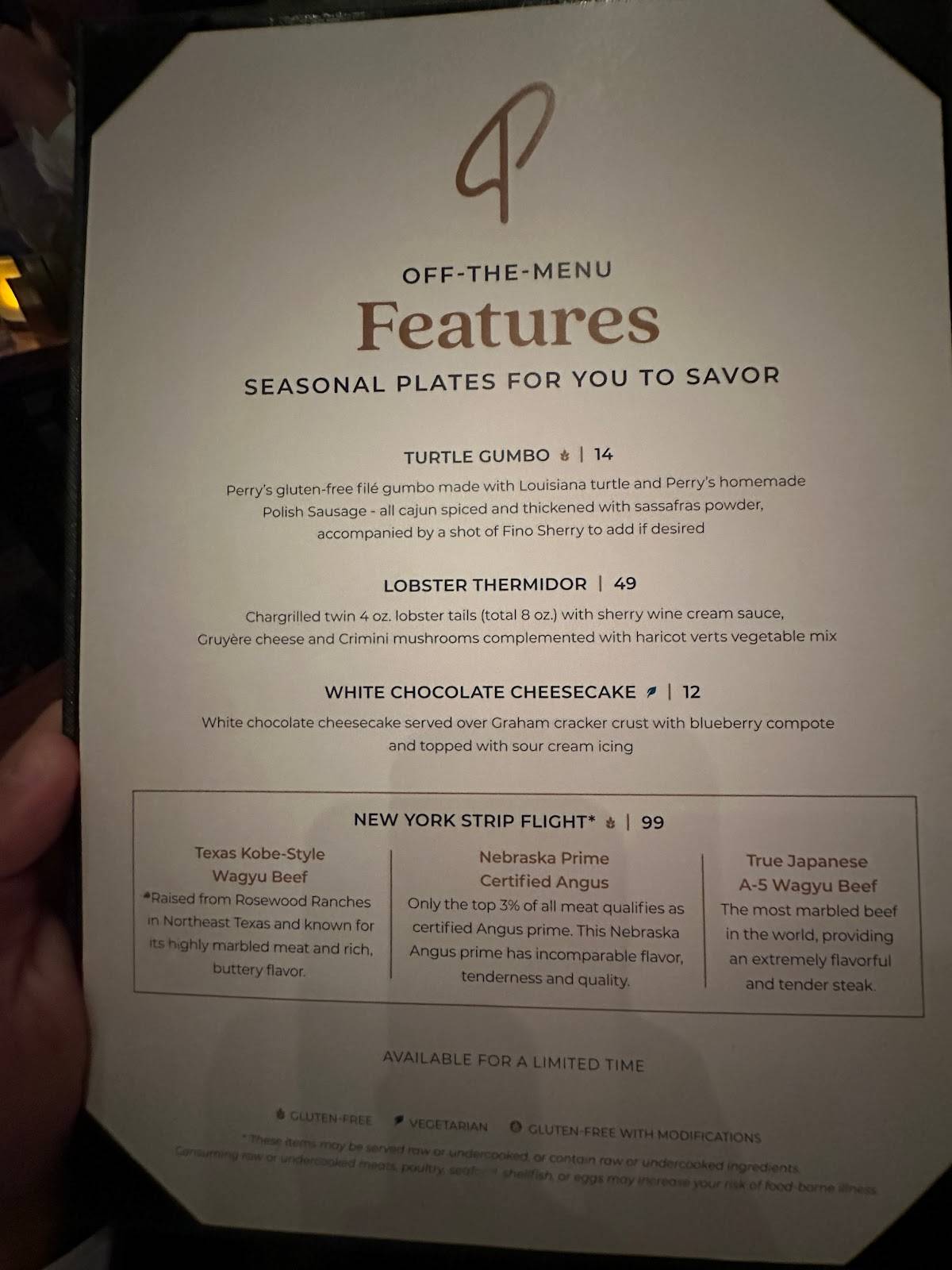 Menu at Perry's Steakhouse & Grille, Grapevine