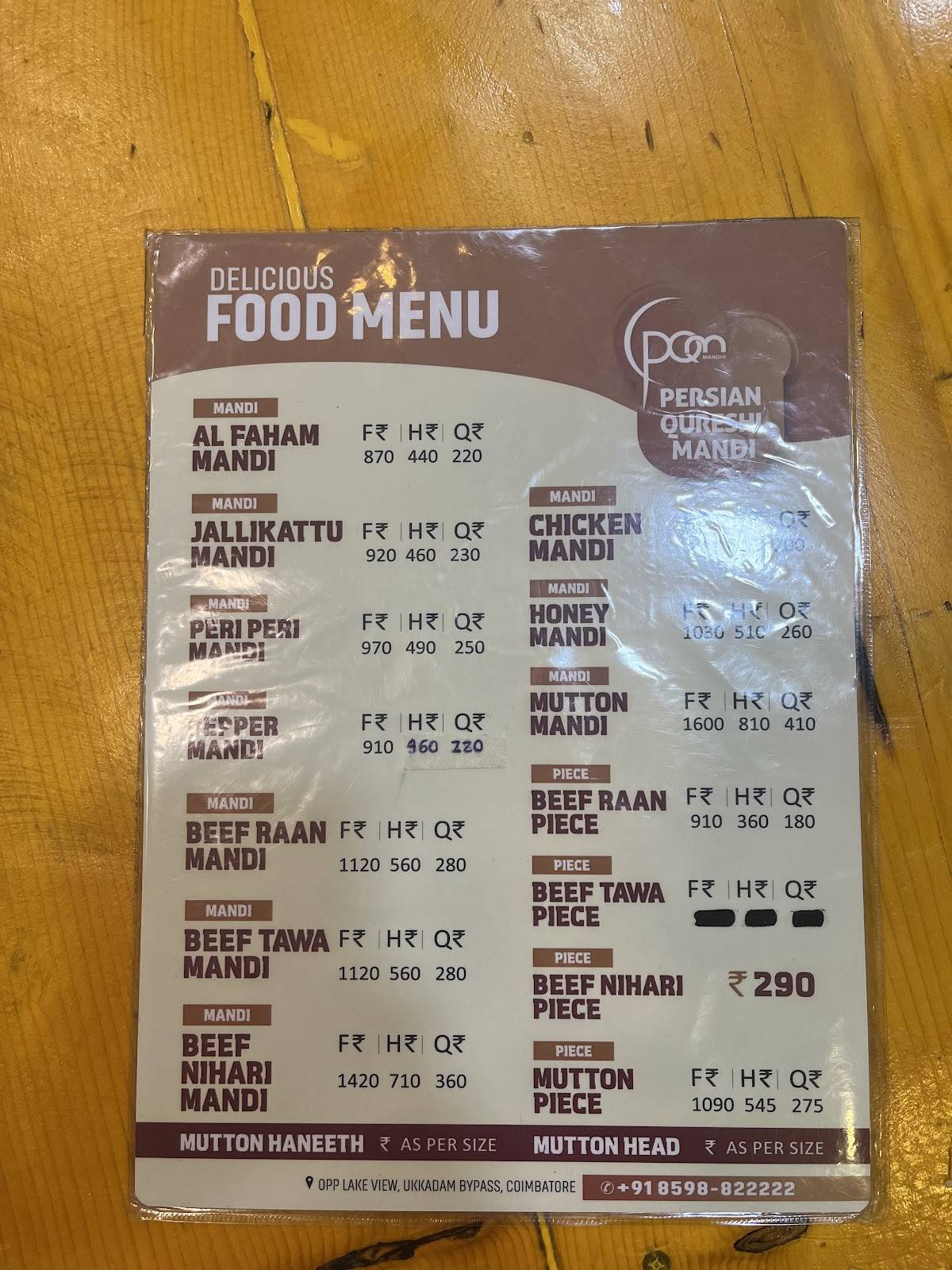 Menu at Persian Qureshi Mandi, Coimbatore