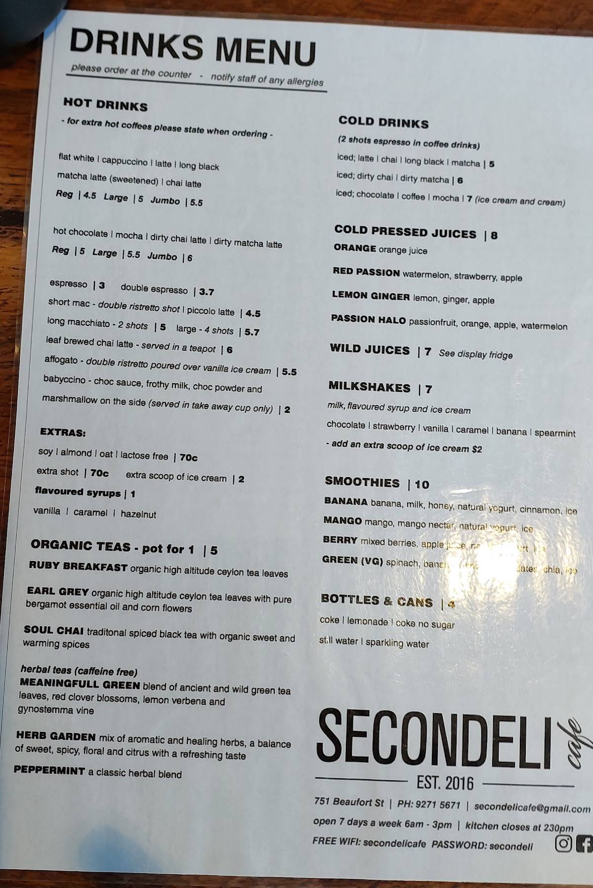 Menu at Secondeli Cafe, Mount Lawley