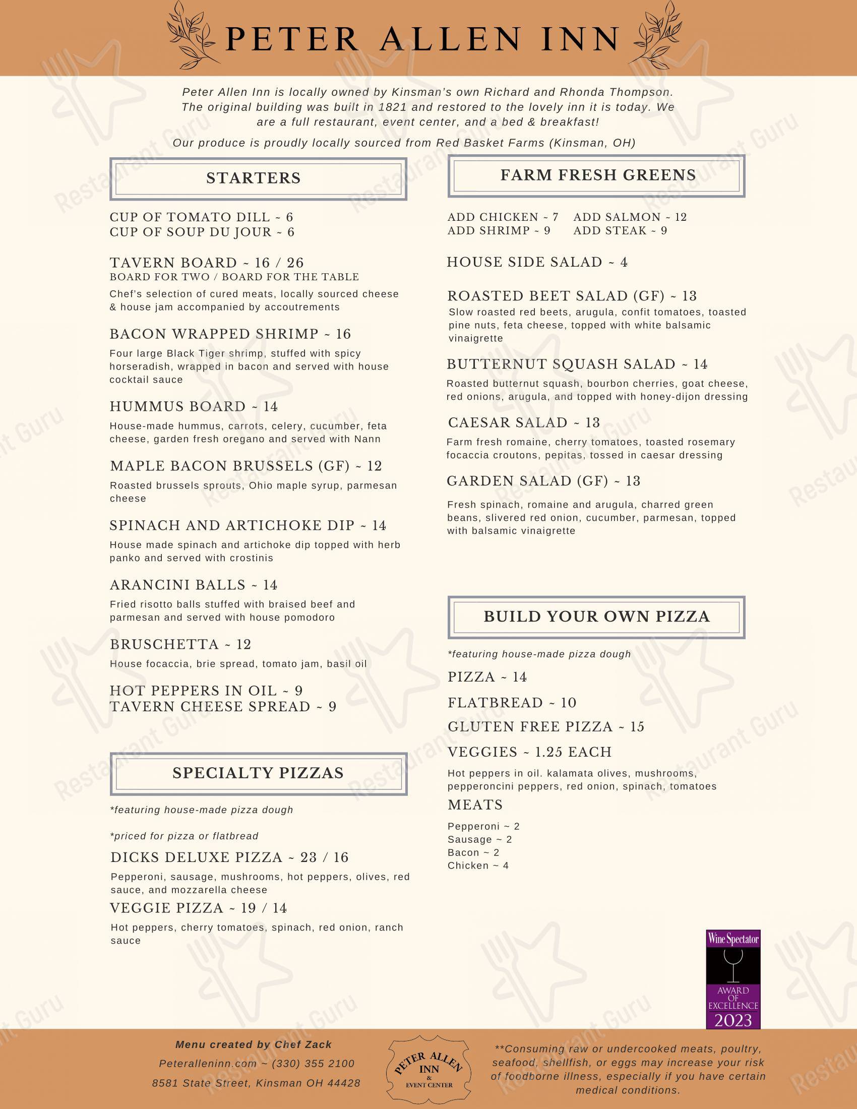 Menu at Peter Allen Inn & Event Center pub & bar, Kinsman