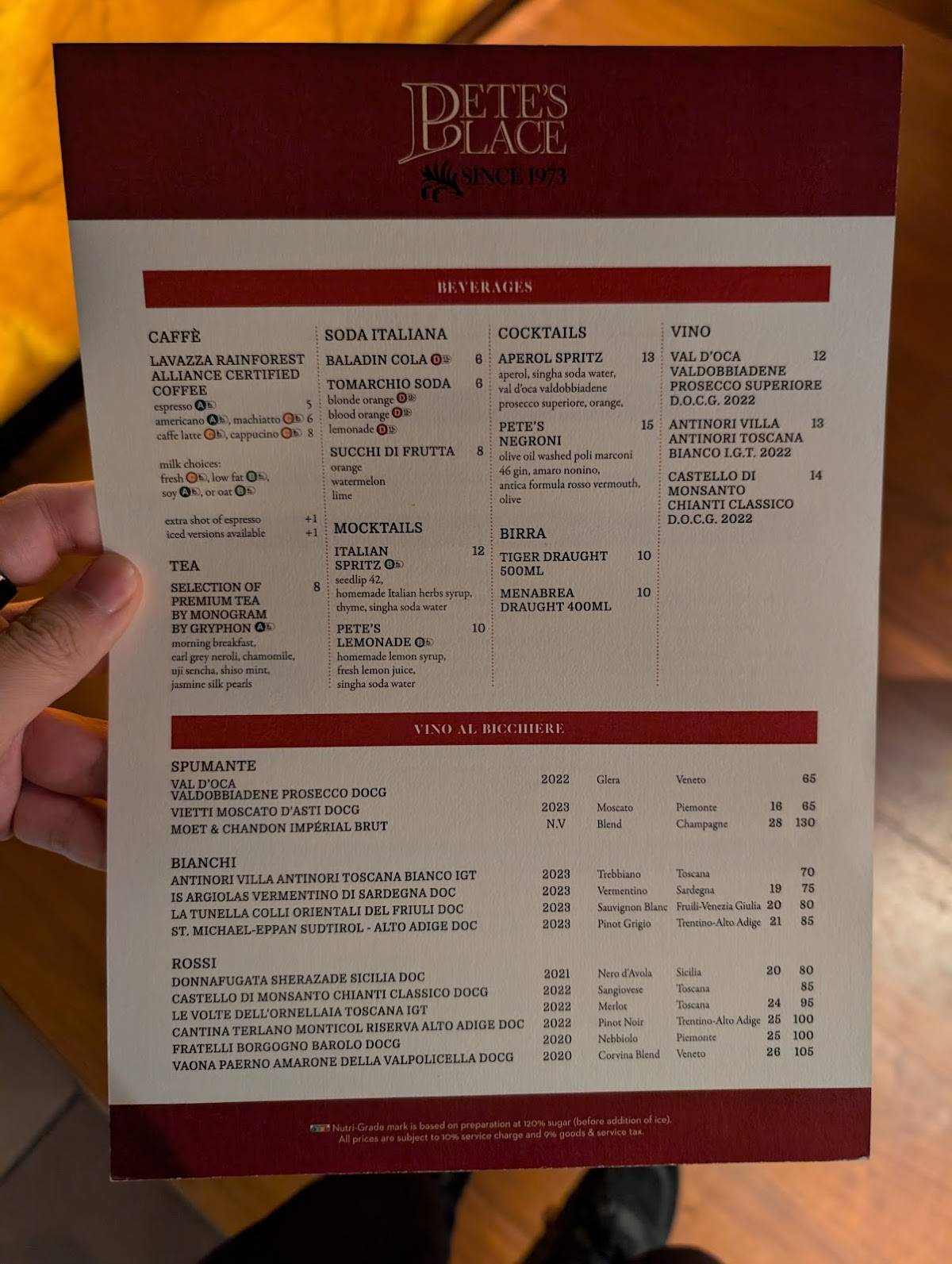 Menu at Pete's Place restaurant, Singapore, 10 Scotts Rd