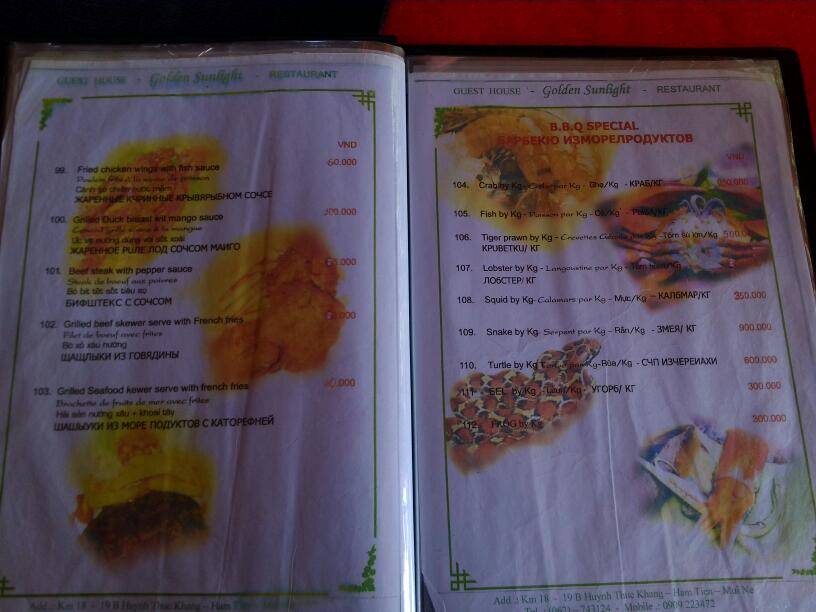 Menu at Golden Sunlight restaurant, Phan Thiet, 18-19B Huỳnh Thúc Kháng