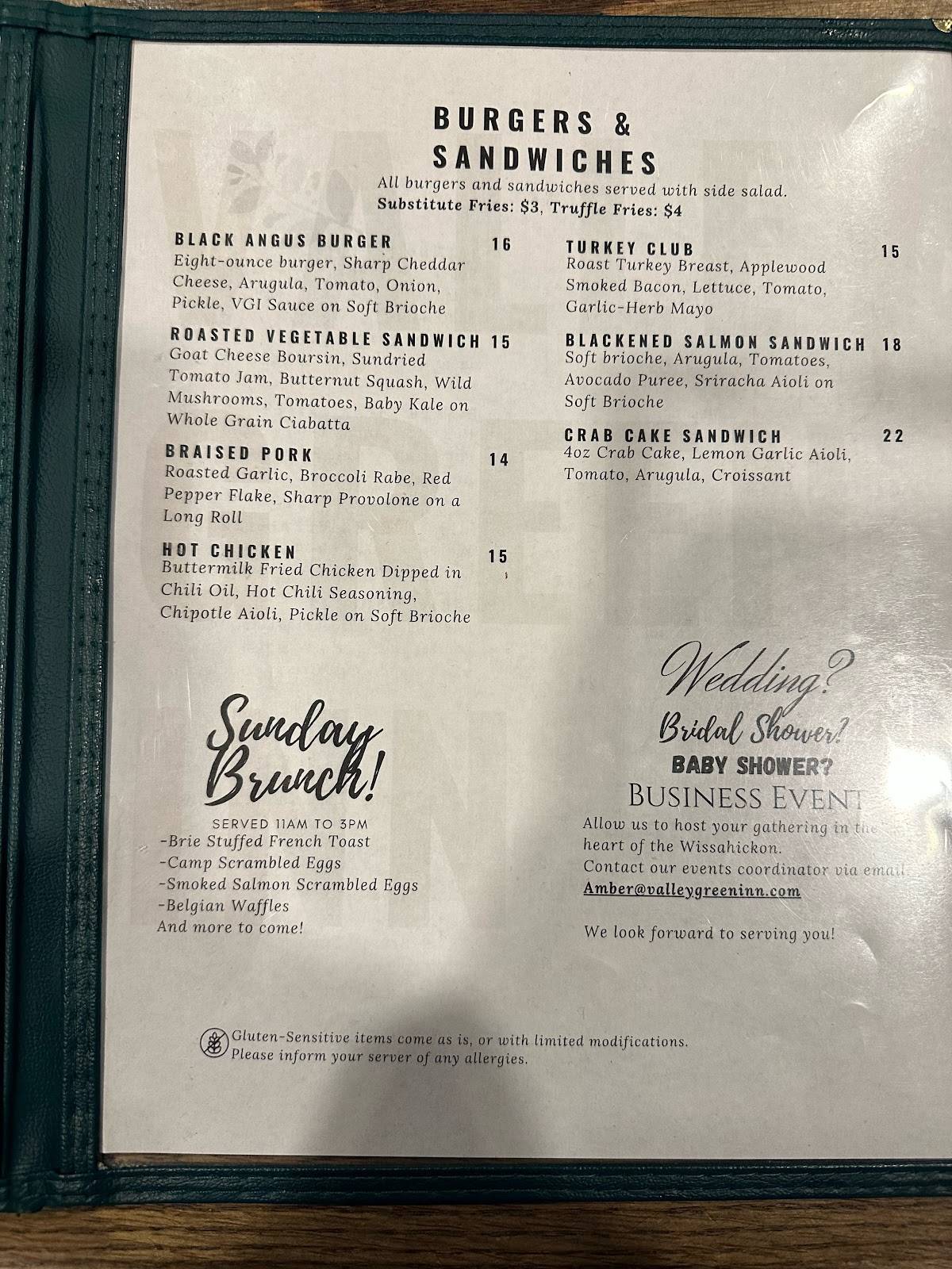 Menu at Valley Green Inn restaurant, Philadelphia