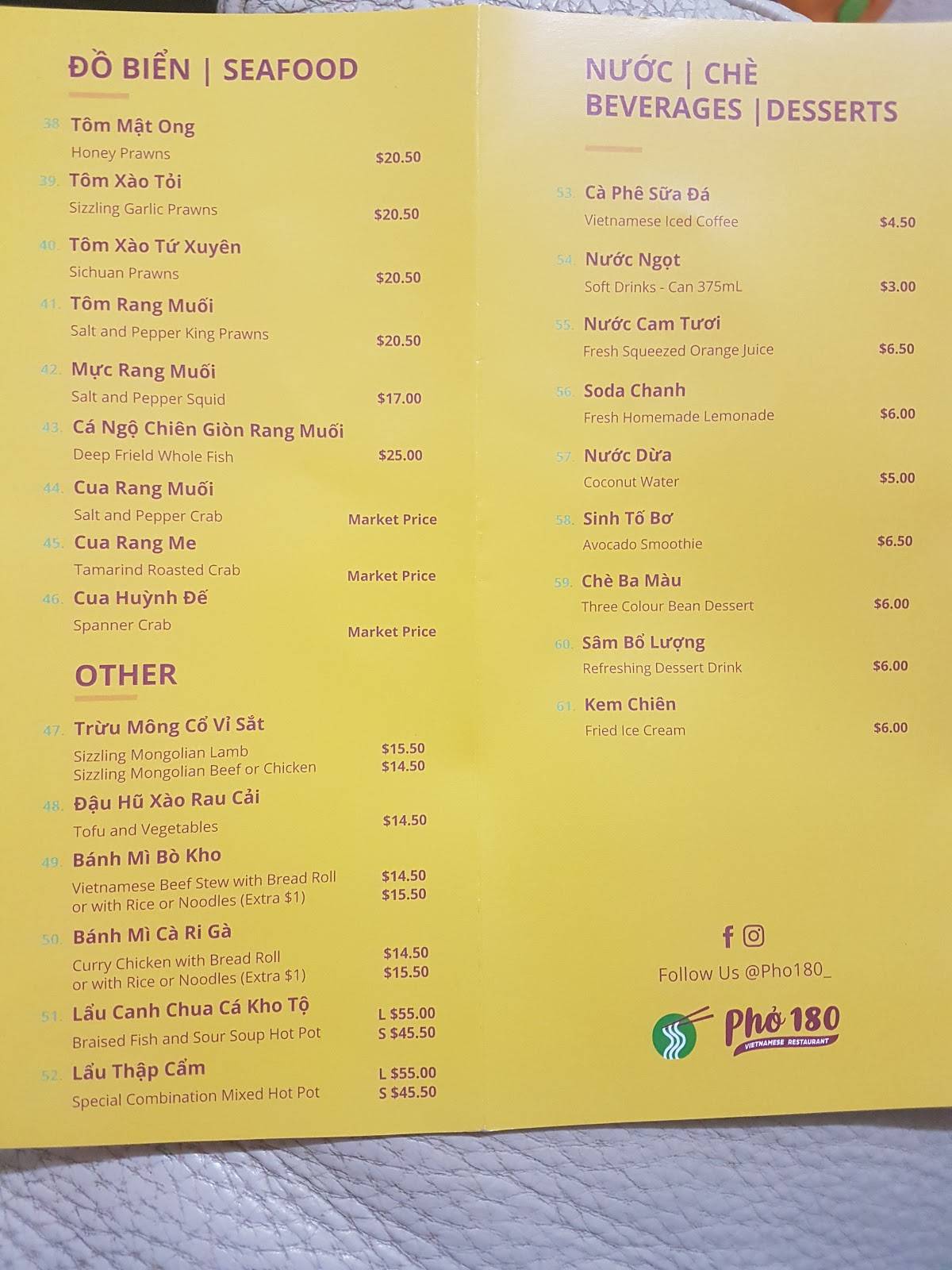 Menu at Pho 180 restaurant, Green Valley