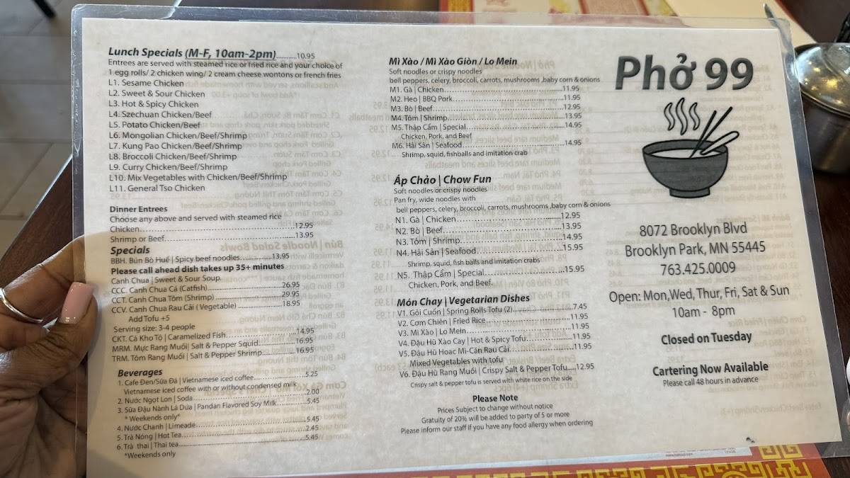 Menu at Pho 99 restaurant, Brooklyn Park