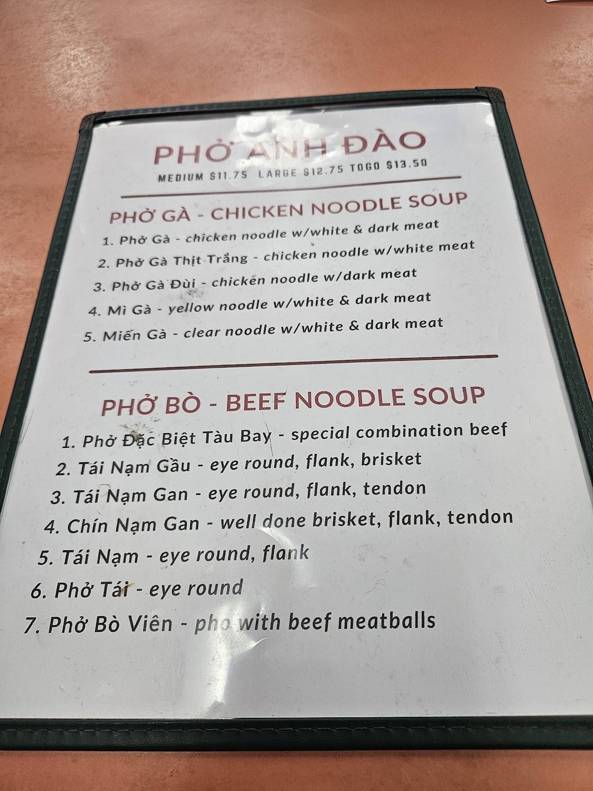 Menu at Phở Anh Đào restaurant, Sacramento